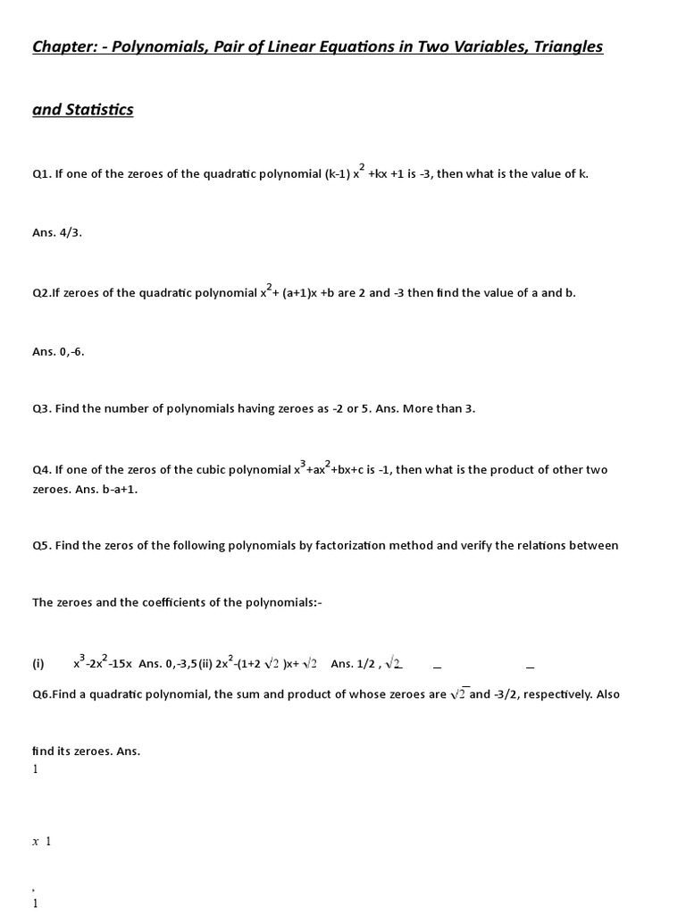 Polynomials, linear equations, triangles, statistics problems and ...