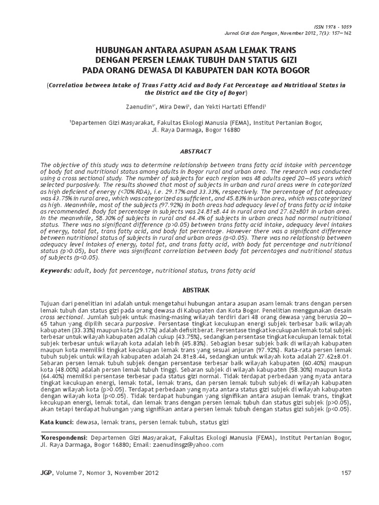 Hubungan Antara Asupan Asam Lemak Trans Dengan Persen Lemak Tubuh Dan Status Gizi Pada Orang ...