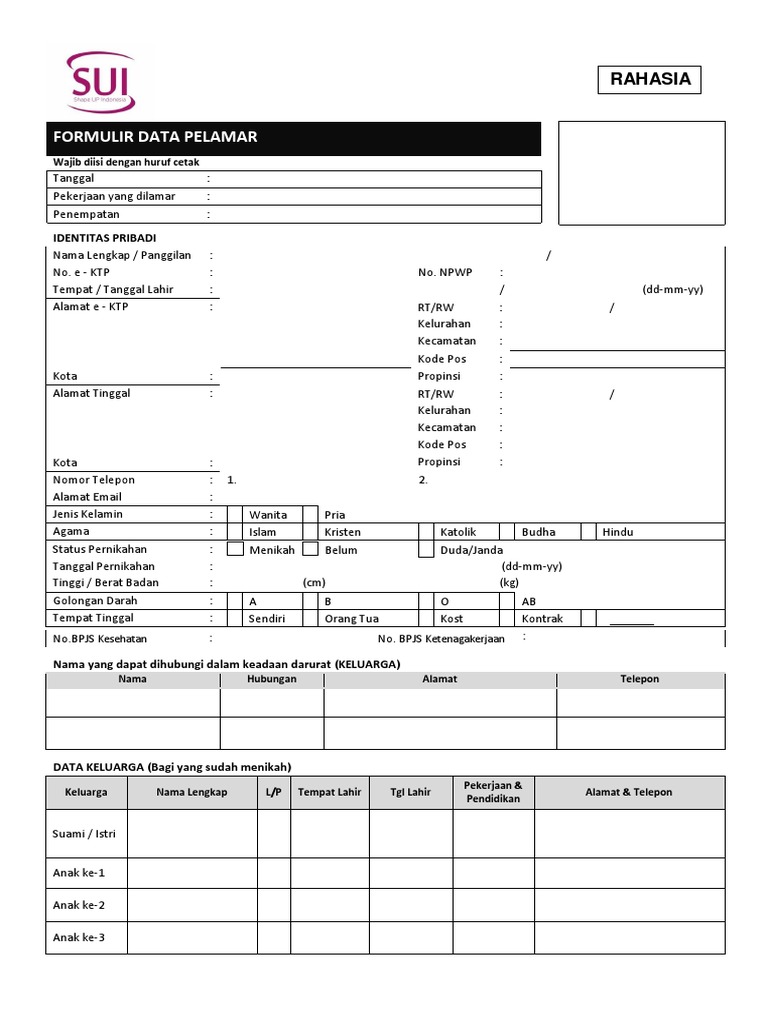 Form Data Pelamar | PDF