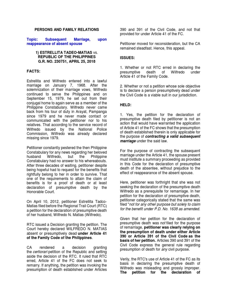 Topic: Subsequent Marriage, Upon Reappearance of Absent Spouse | PDF ...