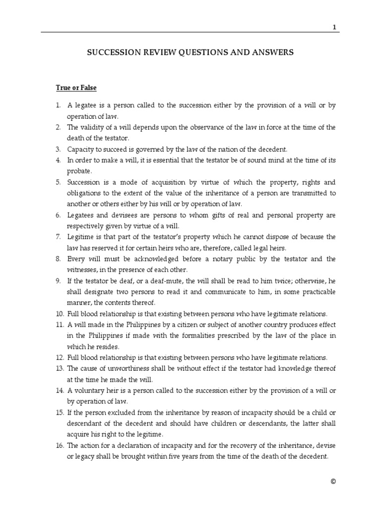 Succession Review Questions and Answers: True or False | PDF | Will And ...