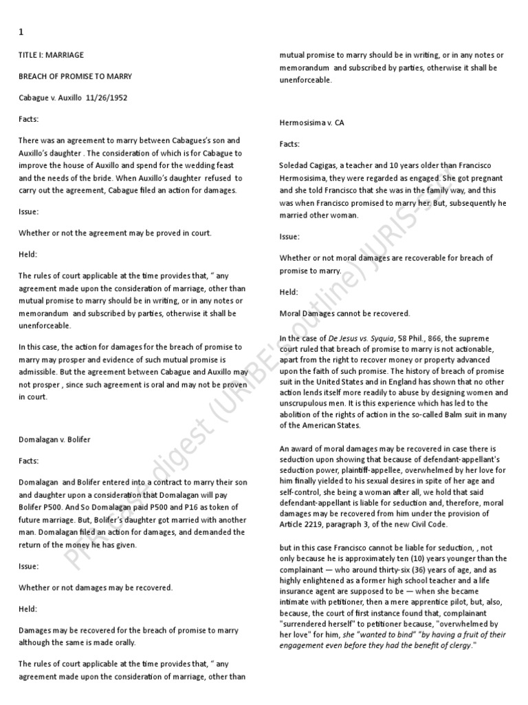 PFR Case Digest Uribe S Outline | PDF | Marriage | Damages