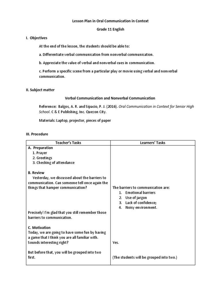 Lesson Plan in Oral Communication | PDF | Nonverbal Communication ...