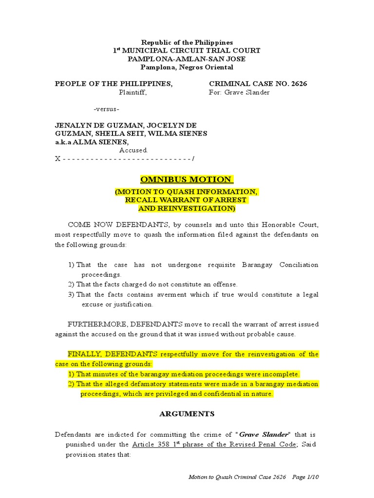 Omnibus Motion Sample Format | PDF | Defamation | Alternative Dispute ...