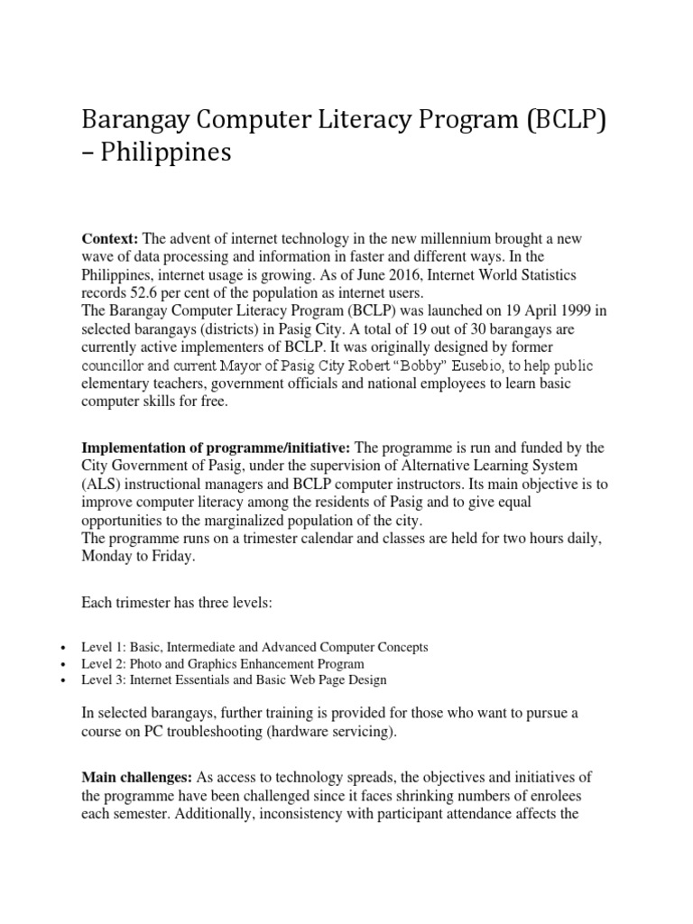 Barangay Computer Literacy Program | PDF | Literacy | Internet
