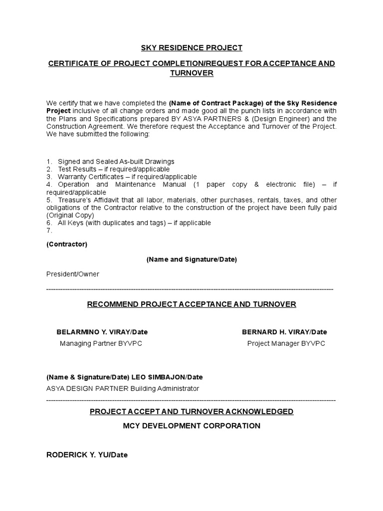 Sky Residence Project Completion Certificate | PDF | Technology ...
