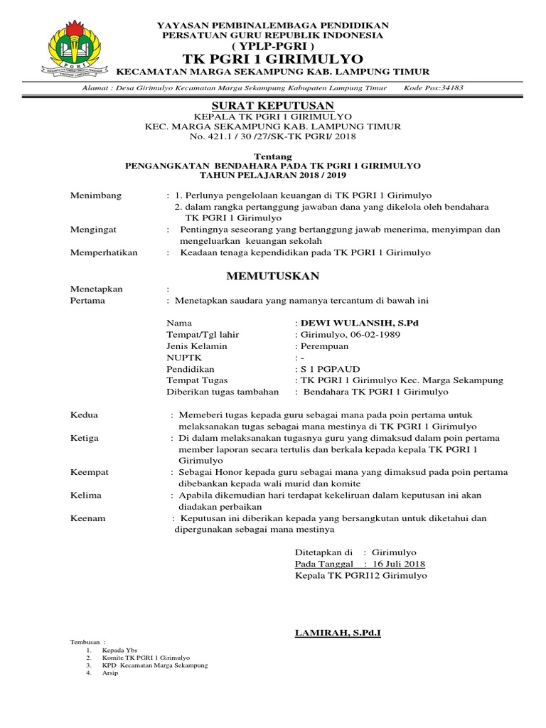 Contoh SK Bendaharan TK Pgri 1 Girimulyo | PDF