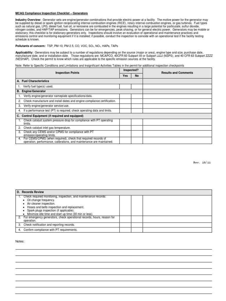 2017checklist Generator Inspection | PDF | Exhaust Gas | Internal ...