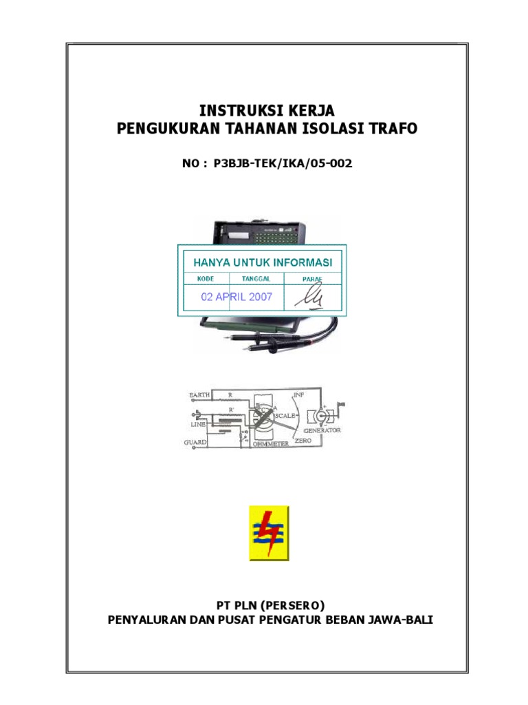 Instruksi Kerja Pengujian Tahanan Isolasi Trafo | PDF Instruksi Kerja Pengujian Tahanan Isolasi Trafo | PDF