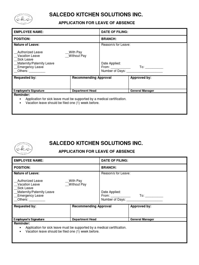Salcedo Kitchen Solutions Inc.: Application For Leave of Absence | PDF ...
