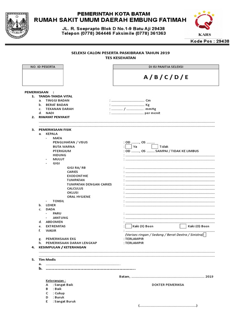 Form Mcu Calon Peserta Paskibraka Tahun 2019 (Kop) | PDF