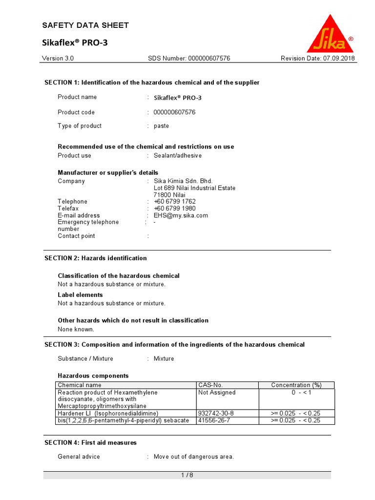 Sikaflex® PRO-3: Safety Data Sheet | PDF | Toxicity | Dangerous Goods