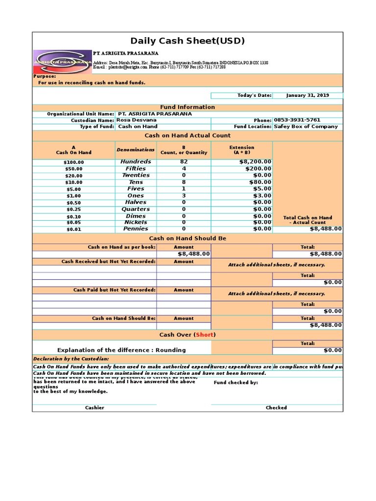 Daily Cash Sheet for PT. Asrigita Prasarana | PDF | Business