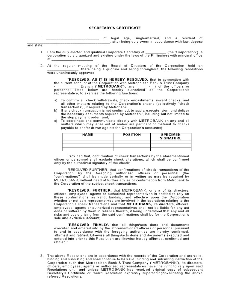 Secretary's Certificate For Check Confirmation | PDF | Board Of ...