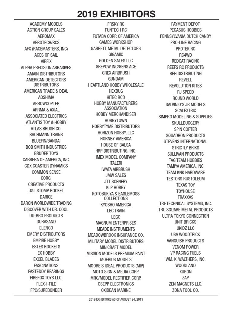 2019 Exhibitor List | PDF | Physical Models | Scale Modeling