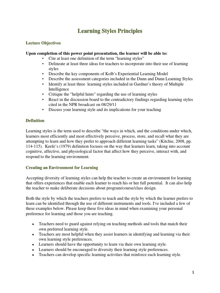 Learning Styles Principles - Notes | PDF | Learning Styles | Mental ...
