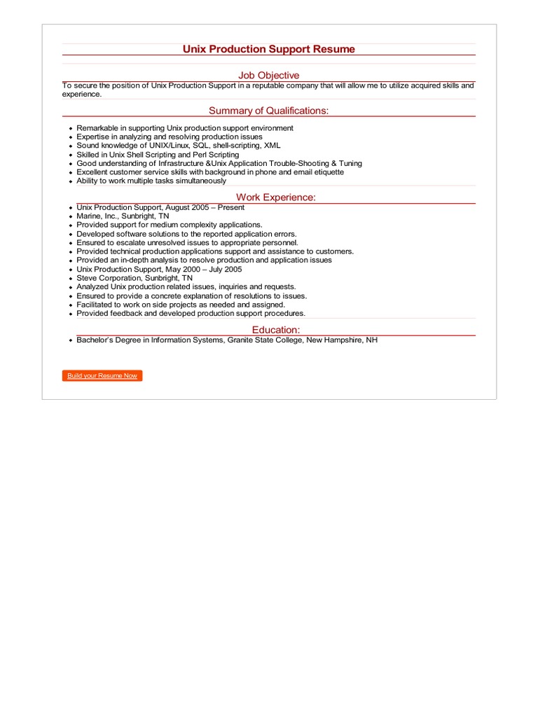 Unix Production Support Resume Job Objective Pdf