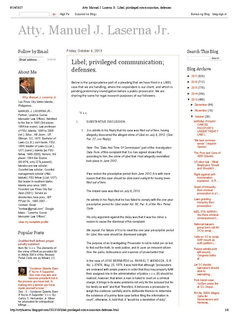 Libel Prescription Defenses Privacy | PDF | Defamation | Burden Of ...