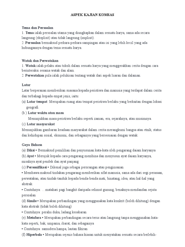 Aspek Kajian Komsas | PDF | Seni & Disiplin Bahasa | Klasik