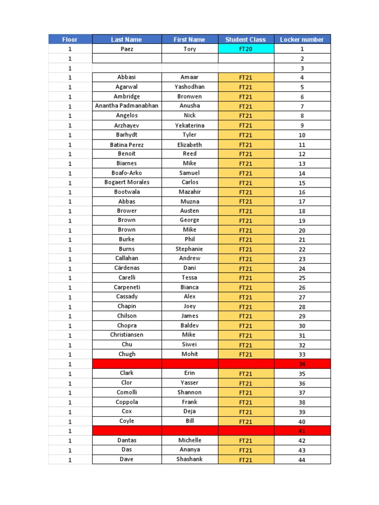 Student Locker Assignments List | PDF