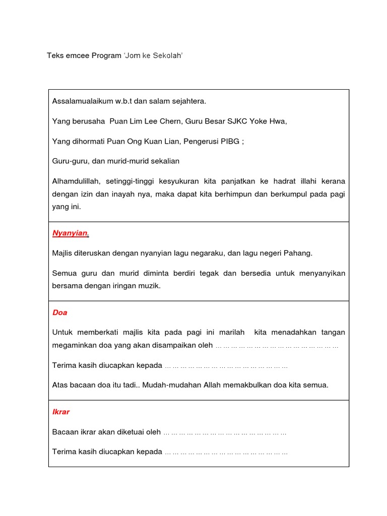 Skrip MC Jom Ke Sekolah | PDF