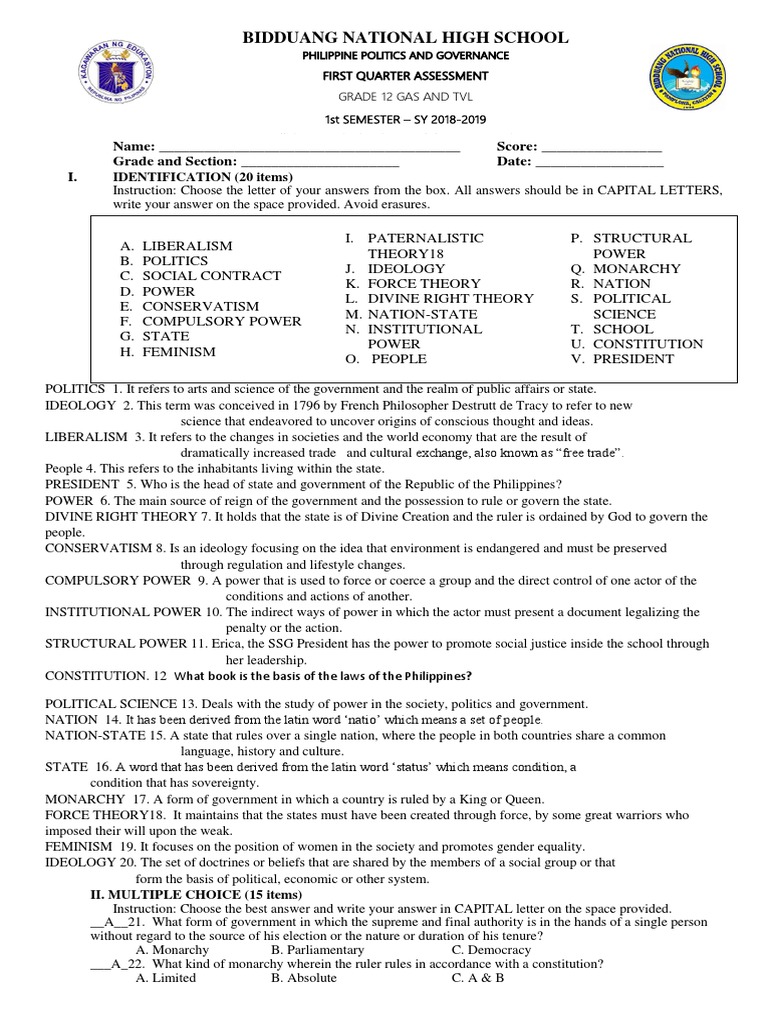 Grade 12 Political Science Quiz | PDF | Power (Social And Political ...