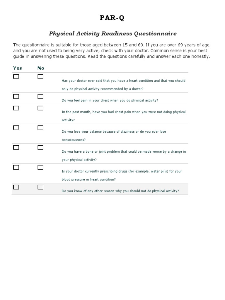 Par-Q: Physical Activity Readiness Questionnaire | PDF | Body Mass ...