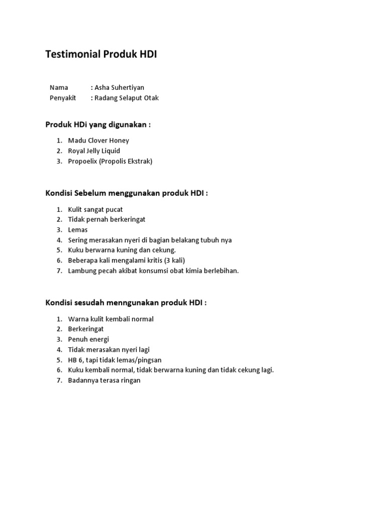 Testimonial Produk HDI | PDF | Karier & Perkembangan | Pengembangan Diri