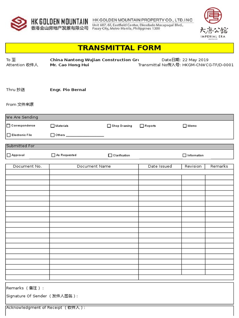 Transmittal Form: China Nantong Wujian Construction Gro Mr. Cao Hong ...