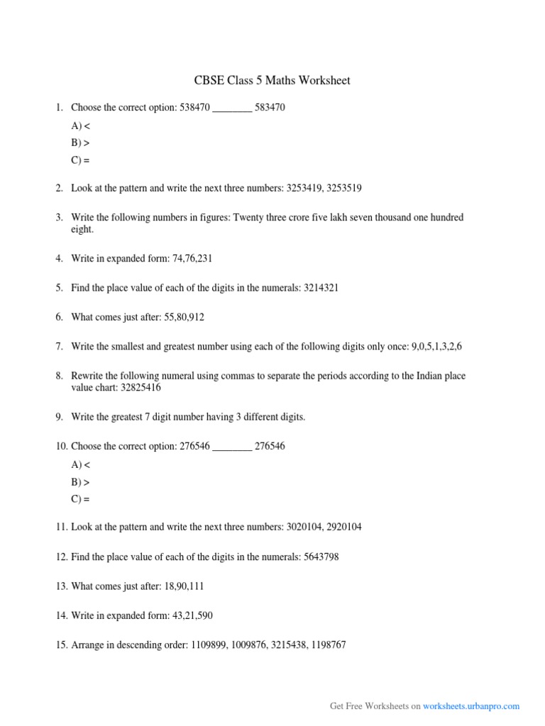 Class 5 CBSE Maths Worksheet 1 | PDF