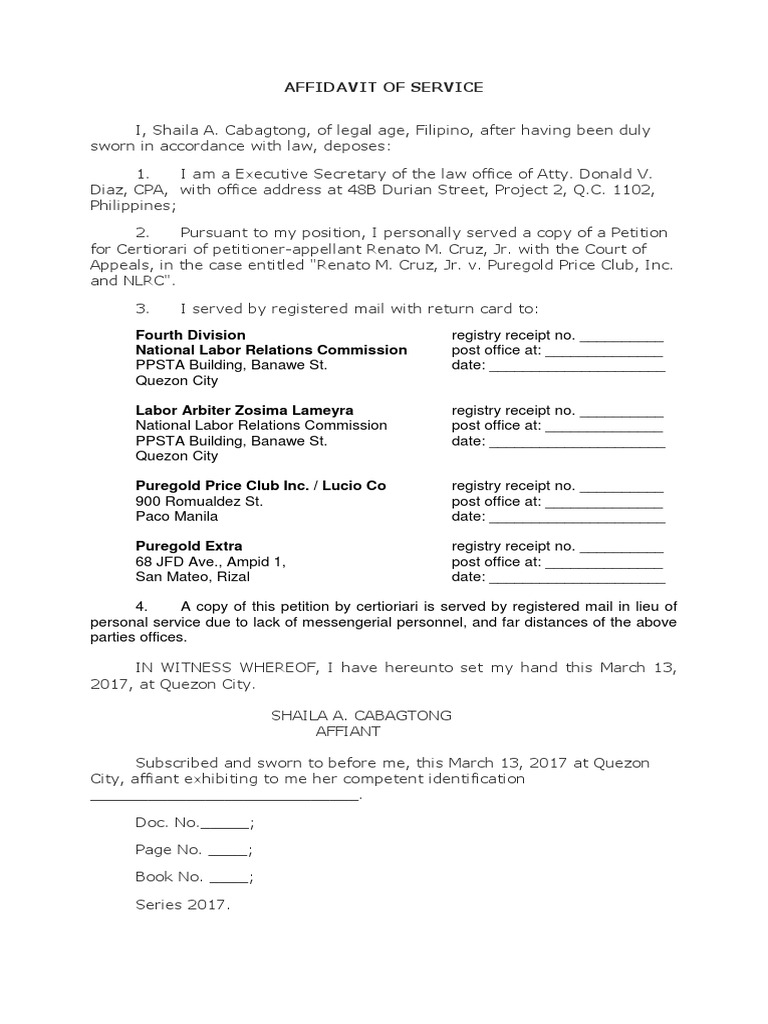 Fourth Division National Labor Relations Commission: Affidavit of ...