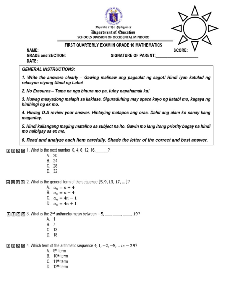 First Quarterly Exam In Grade 10 Mathematics Name Score Grade And