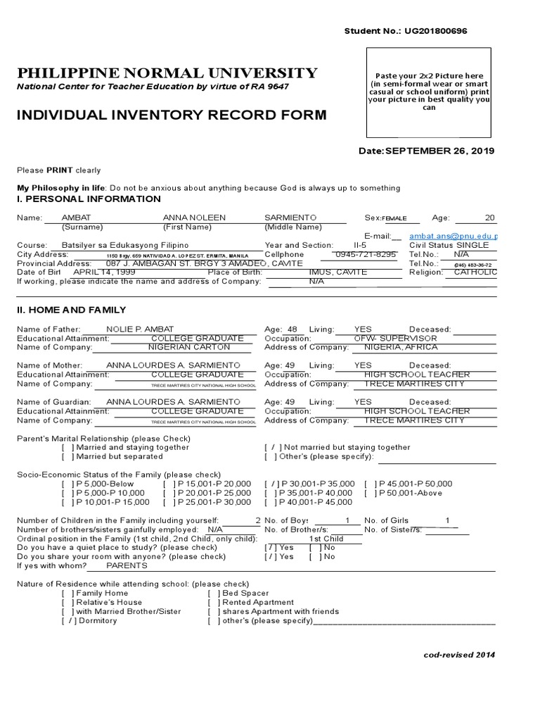 Philippine Normal University: Individual Inventory Record Form | PDF