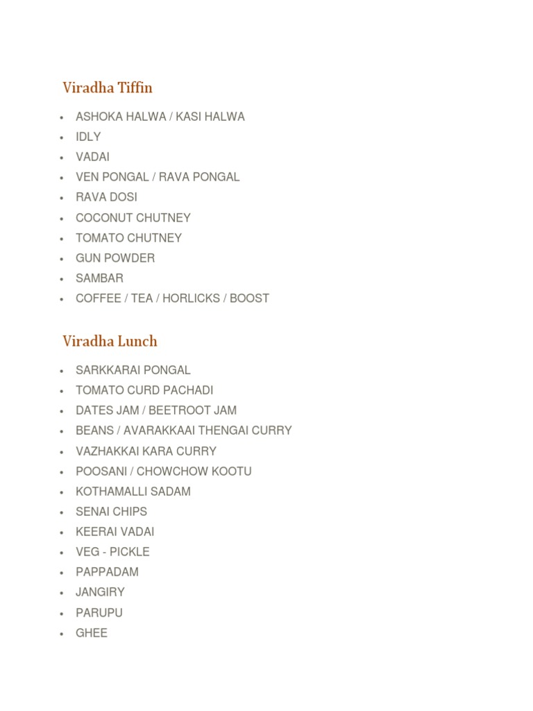 Viradha Tiffin | PDF | Pickling | Indian Cuisine