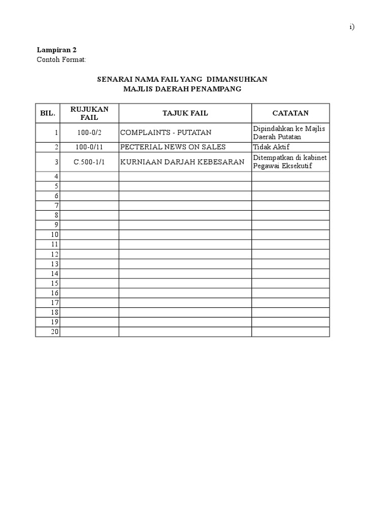 Lampiran 2 - Contoh Format Senarai Nama Fail Yang Dimansuhkan | PDF
