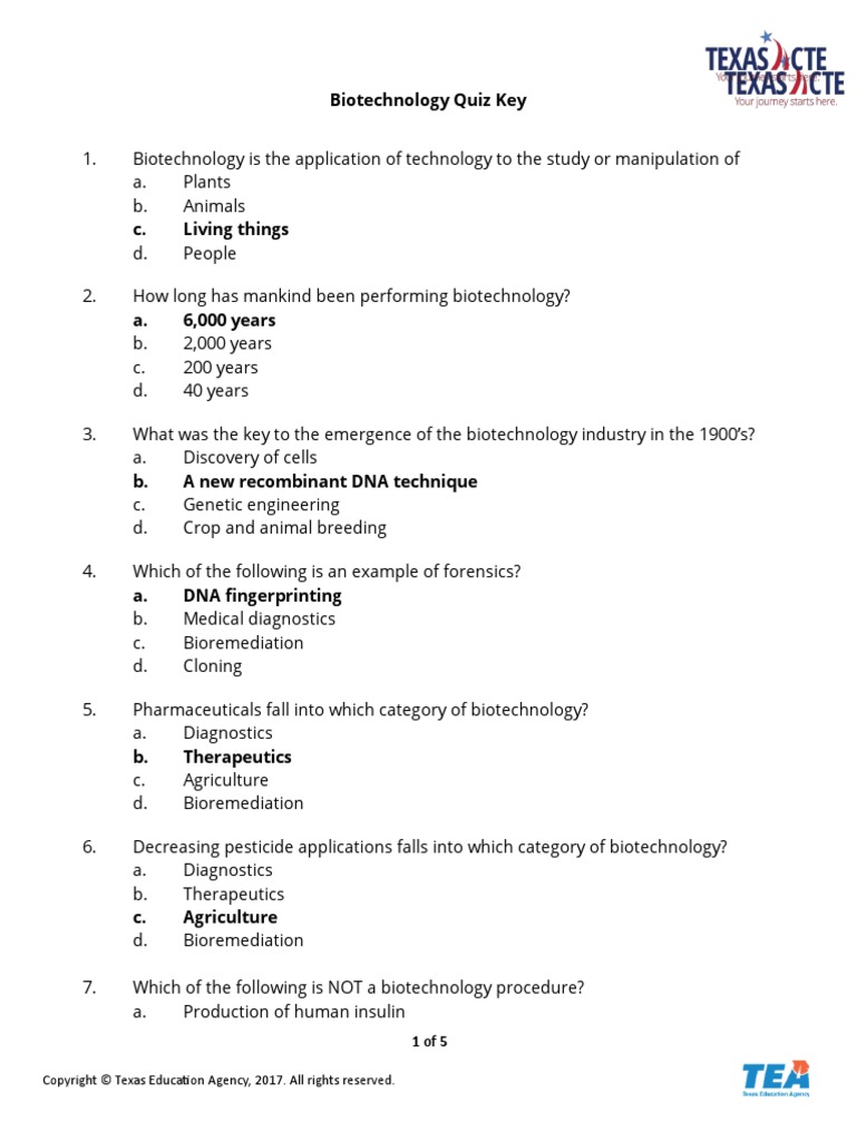 Biotechnology Quiz Key | PDF | Biotechnology | Genetic Engineering