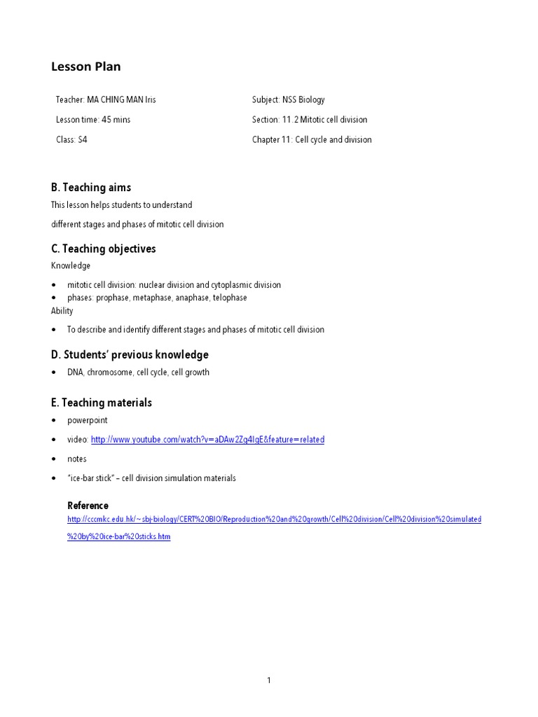 S4 Mitotic Cell Division Lesson Plan PDF | PDF | Mitosis | Life Sciences