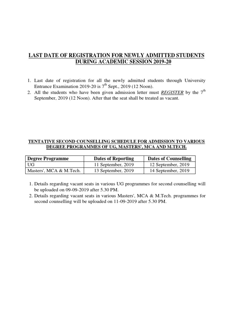 Last Date of Registration For Newly Admitted Students During Academic ...