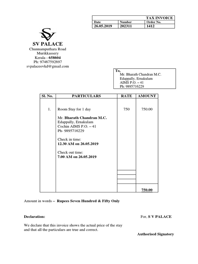 One Night Stay Invoice from SV Palace Hotel in Kerala, India | PDF