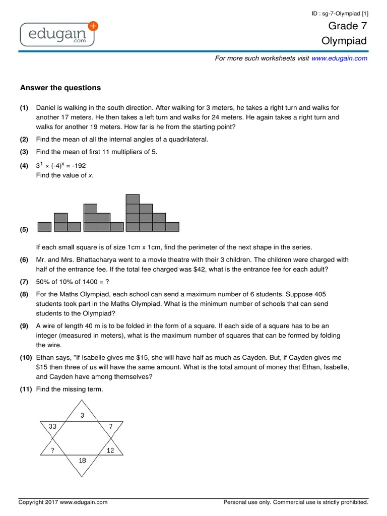 Grade 7 Olympiad: Answer The Questions | PDF | Elementary Mathematics ...