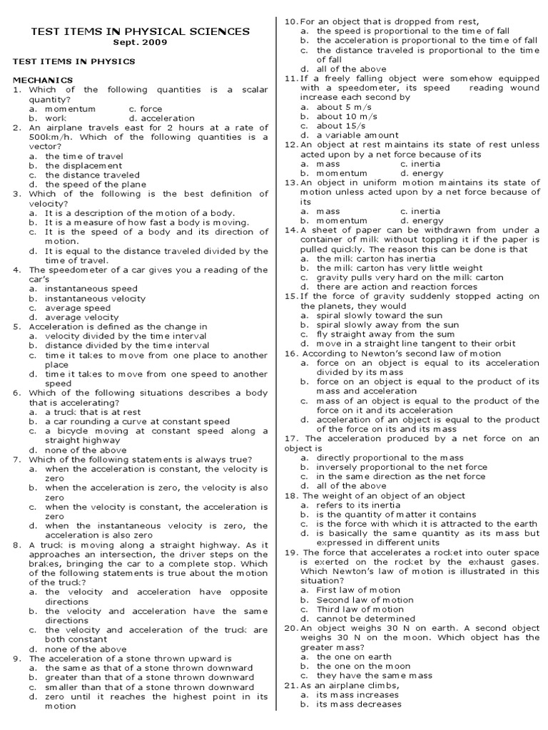 Physical Science Practice Items (2009) | PDF | Force | Heat