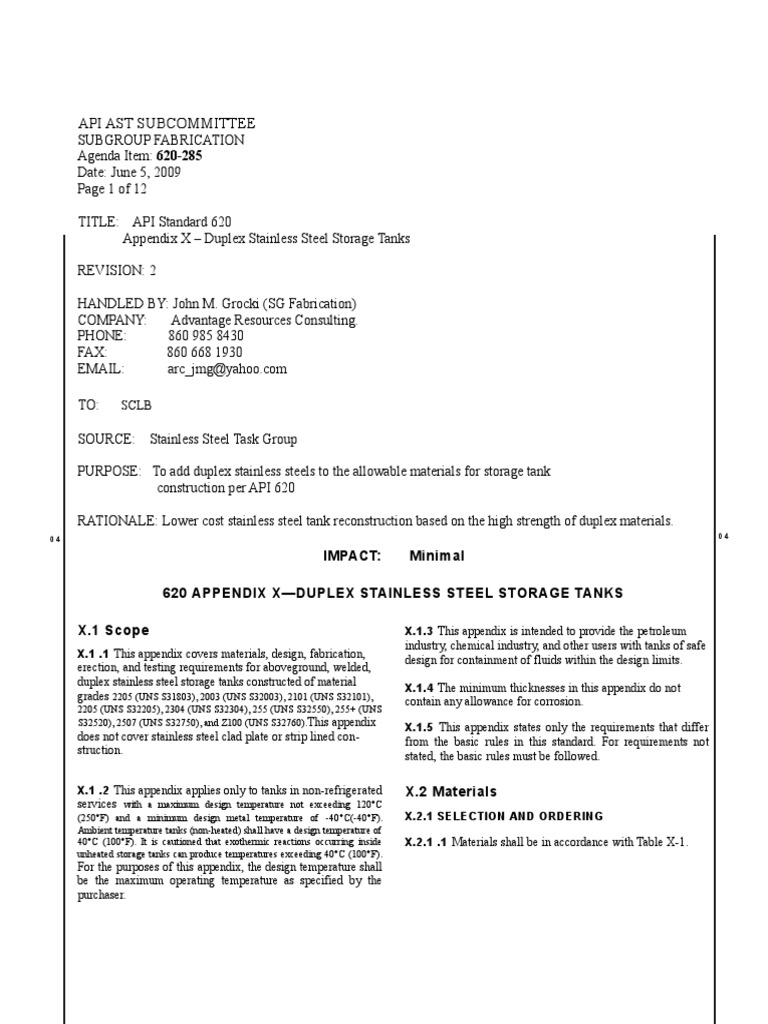 Api Ast Subcommittee: Impact: Minimal 620 Appendix X-Duplex Stainless ...
