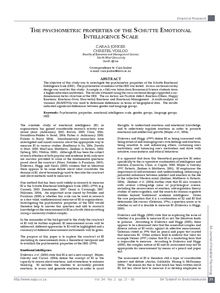 Psychometric Analysis of SEIS Scale | PDF | Emotional Intelligence | Psychometrics
