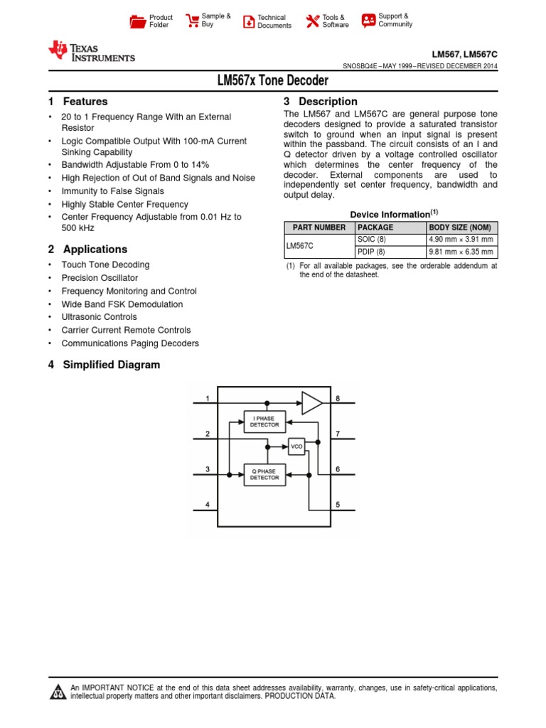 LM567x Tone Decoder: 1 Features 3 Description | PDF | Electronic Filter ...