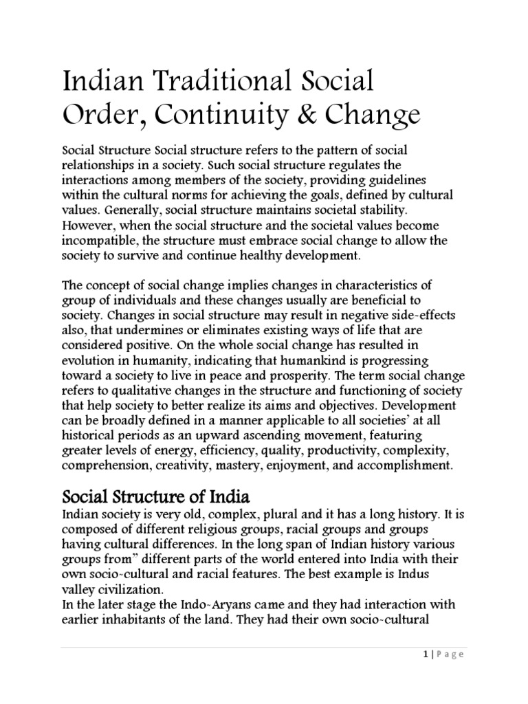Indian Traditional Social Order, Continuity & Change: Social Structure ...