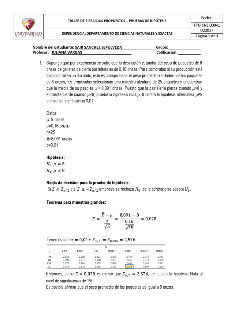 Taller de Ejercicios Propuestos - Pruebas de Hipótesis | PDF | Prueba ...