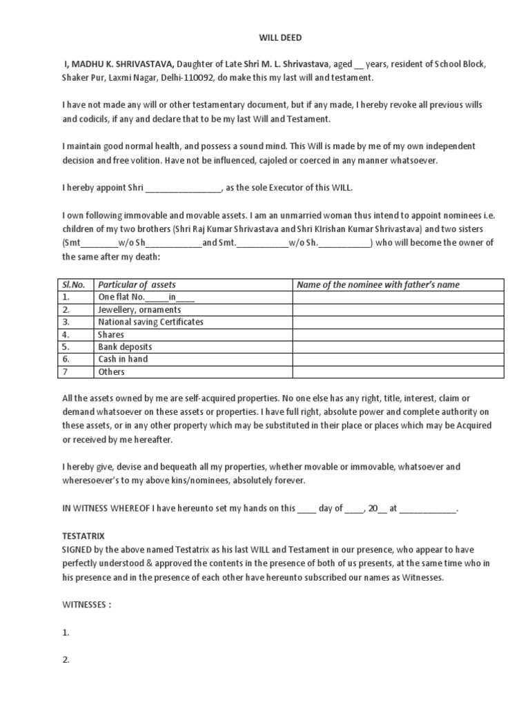 Will Deed: SL - No. Particular of Assets Name of The Nominee With ...