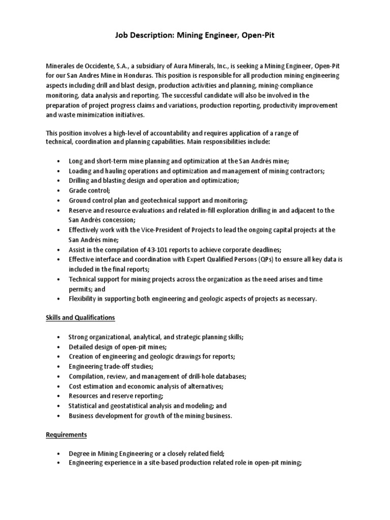 Job Description: Mining Engineer, Open-Pit: Skills and Qualifications ...