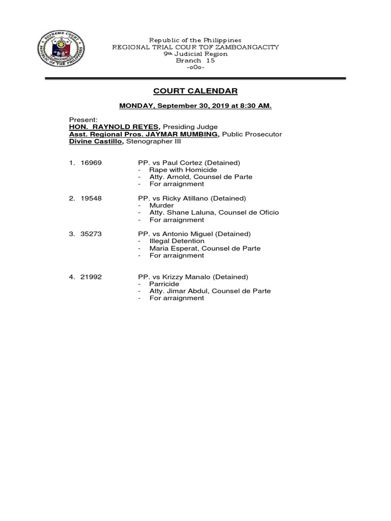Zamboanga City Court Calendar - Sept 30, 2019 | PDF | Law