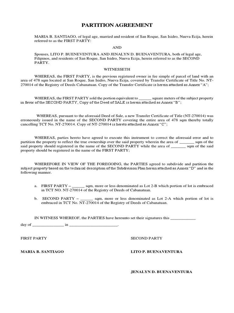 Partition Agreement: Maria B. Santiago Lito P. Buenaventura | PDF ...